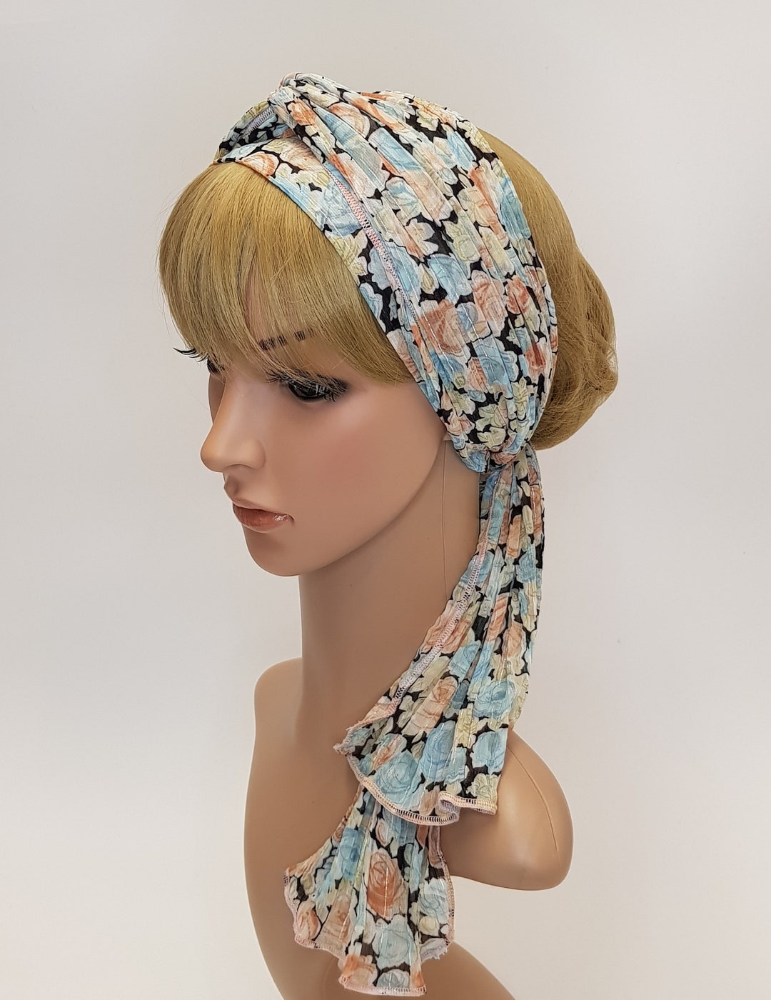 Light Blue Floral Chiffon Hair Scarf, Lightweight Head Scarf, Extra ...