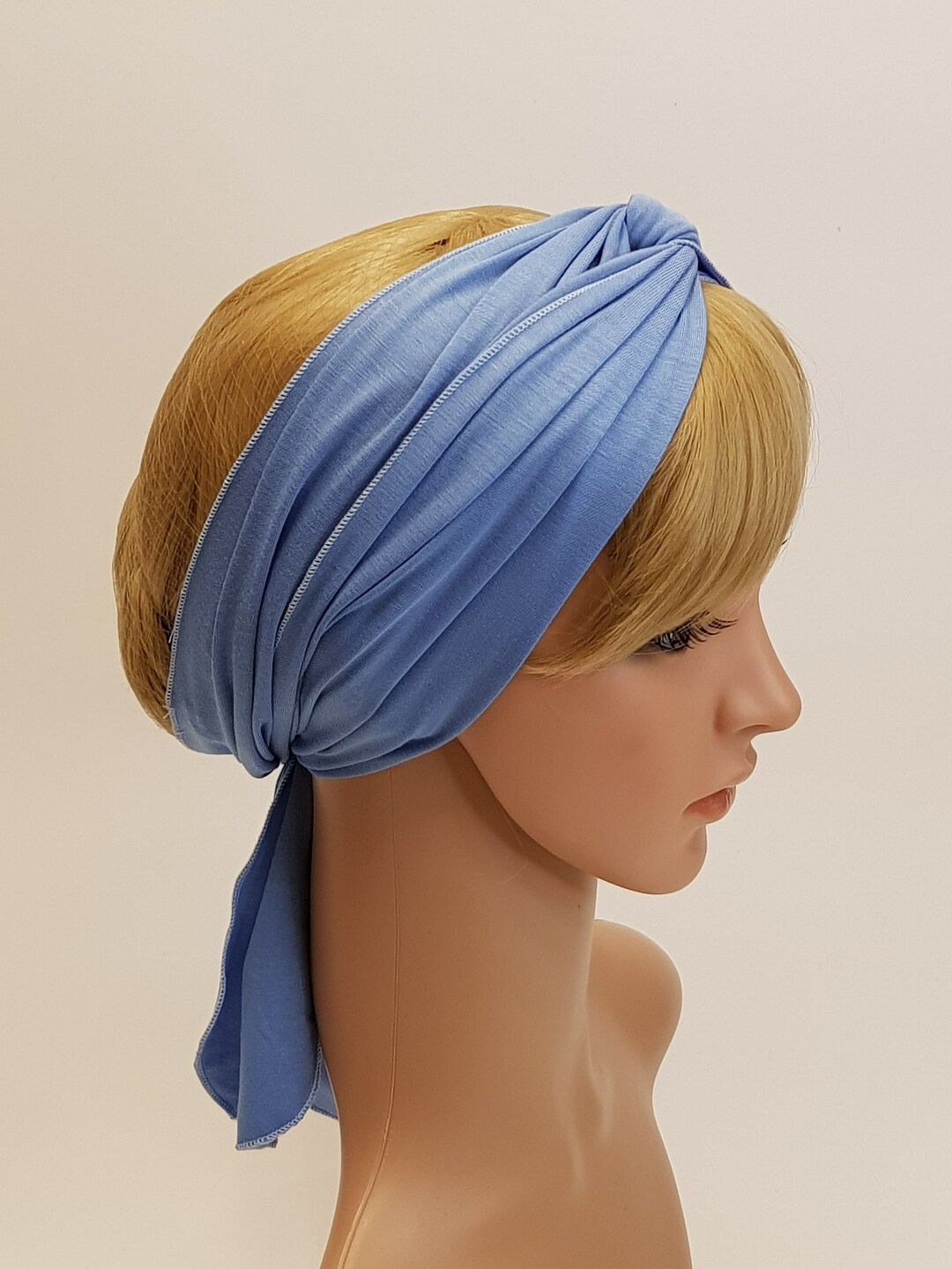 Blue Head Scarf, Long Viscose Jersey Hair Tie, Self Tie Headband, Hair ...