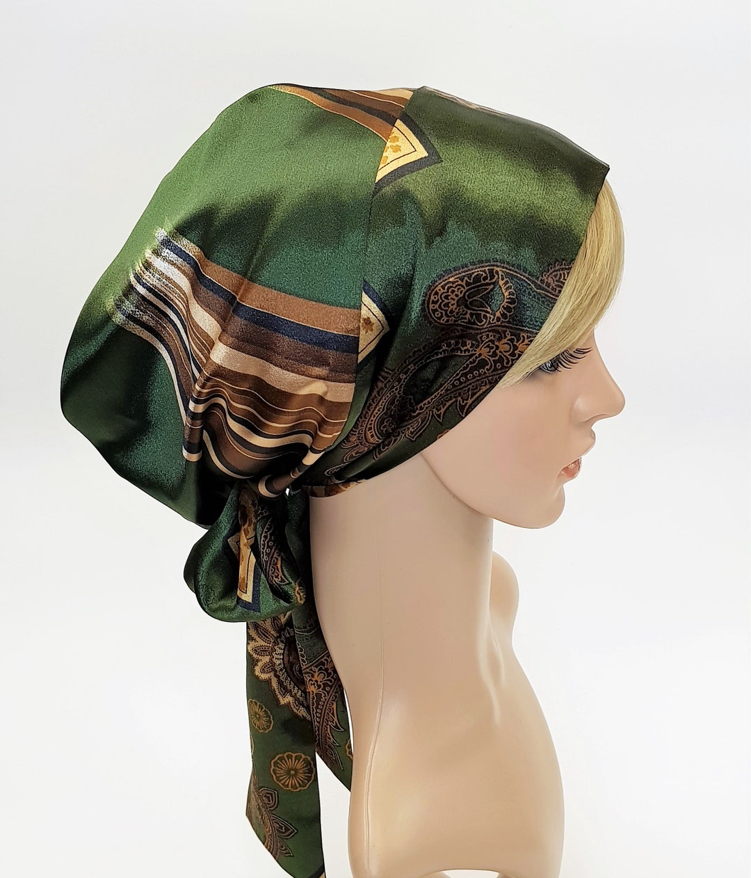 Satin Bonnet With Long Ties, Lined Head Scarf, Elegant Tichel, Head ...