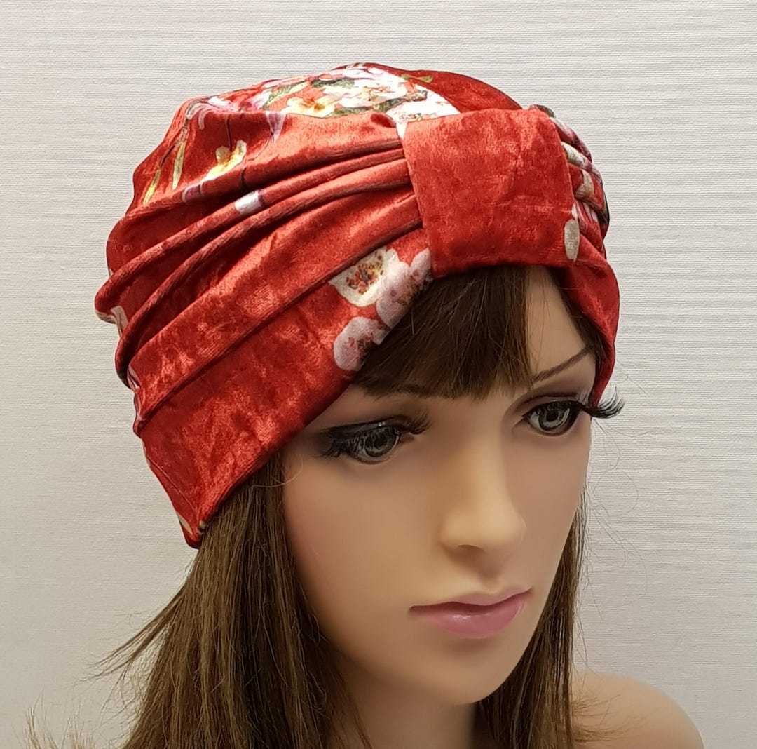 Floral Turban Hat for Women, Velvet Turban, Red Turban, Top Knotted ...