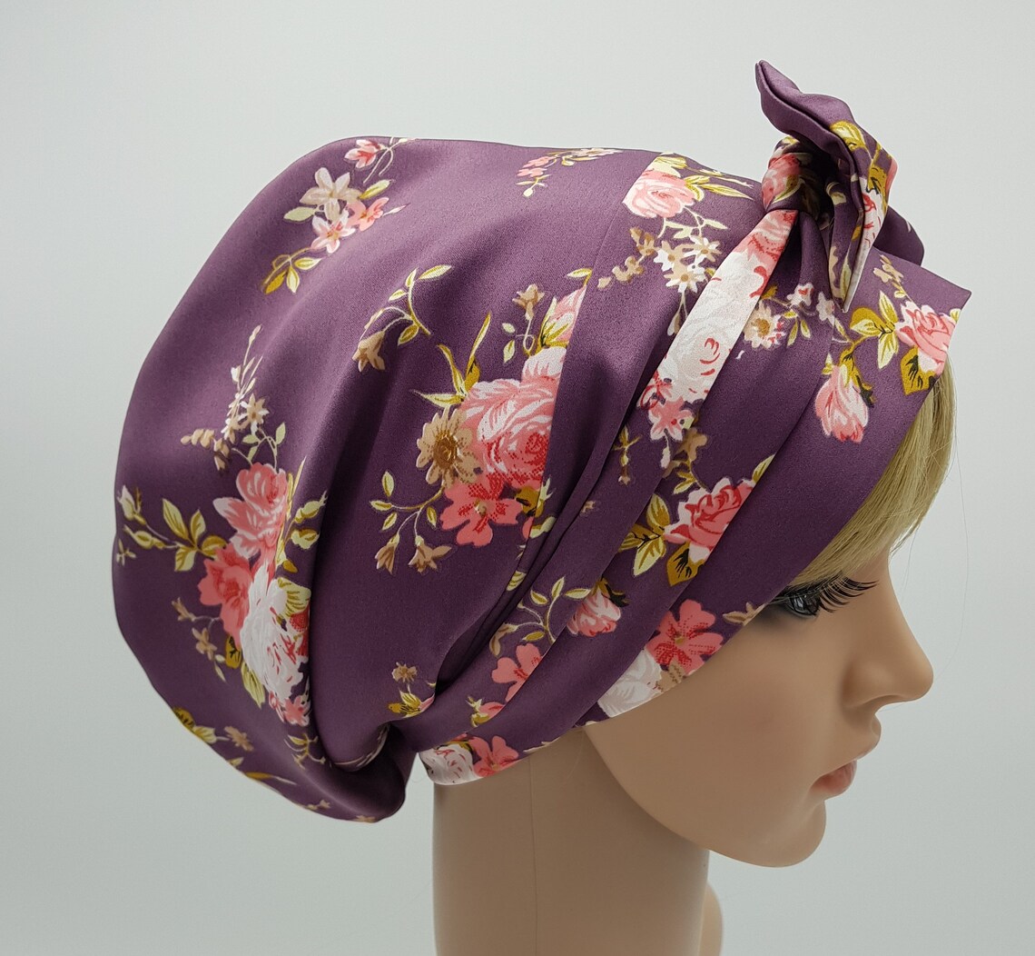 Floral satin headwear natural curly hair snood lined bonnet | Etsy