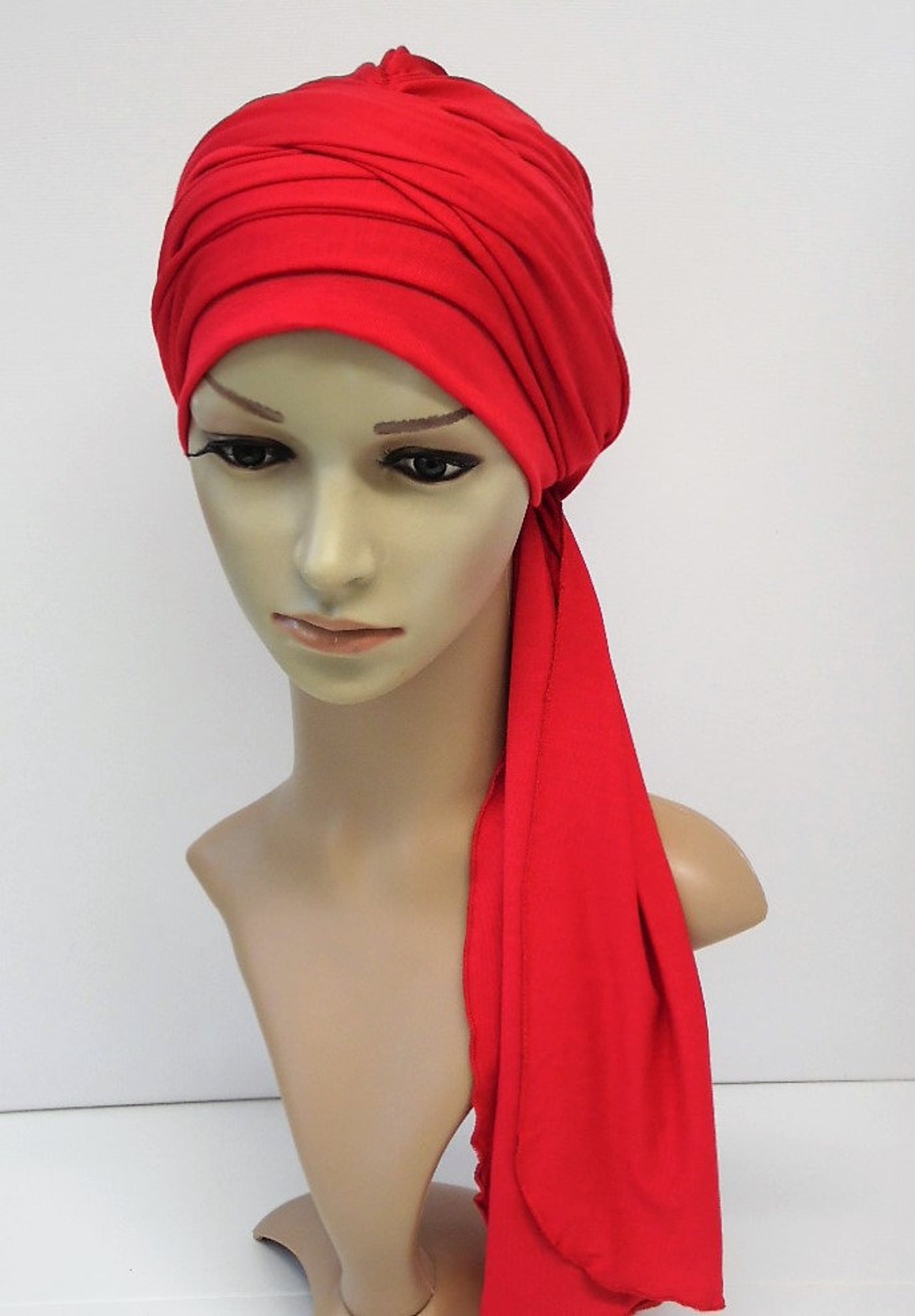 Red Head Wear Turban With Long Ties Elegant Tichel Viscose - Etsy