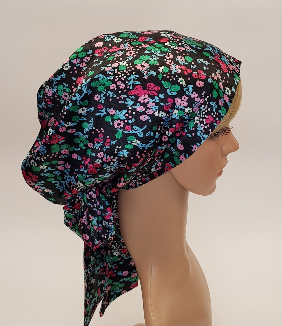 Satin Head Covering With Ties, Lined Silky Bonnet, Floral Print Scarf ...