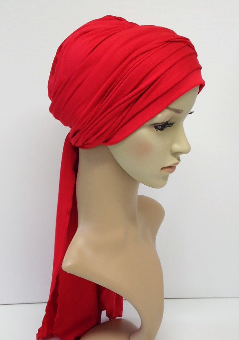 Red Head Wear Turban With Long Ties Elegant Tichel Viscose - Etsy