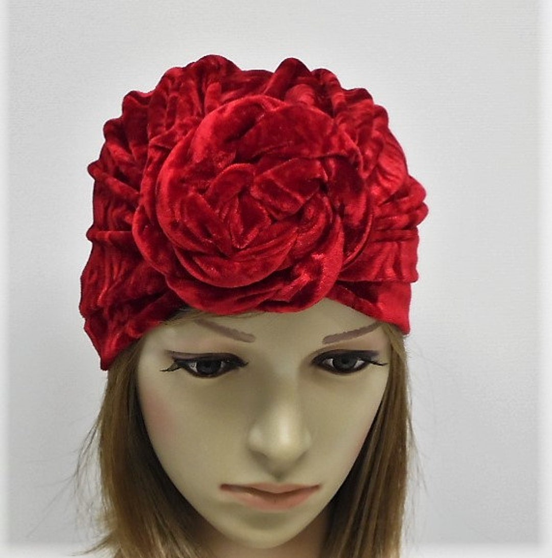 Red Top Knot Turban, Velvet Turban, Women's Rosette Turban Hat, Large ...