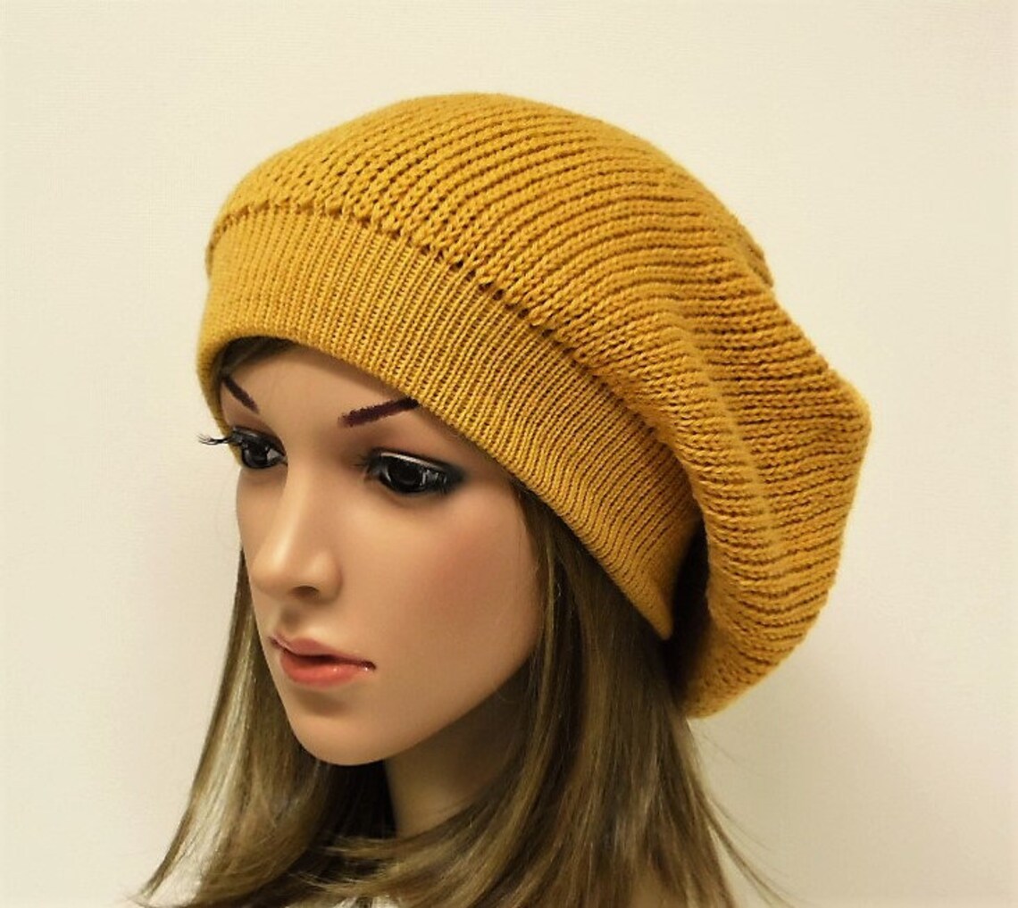 Knitted Beret Mustard Tam Slouchy Beanie Baggy Beret - Etsy