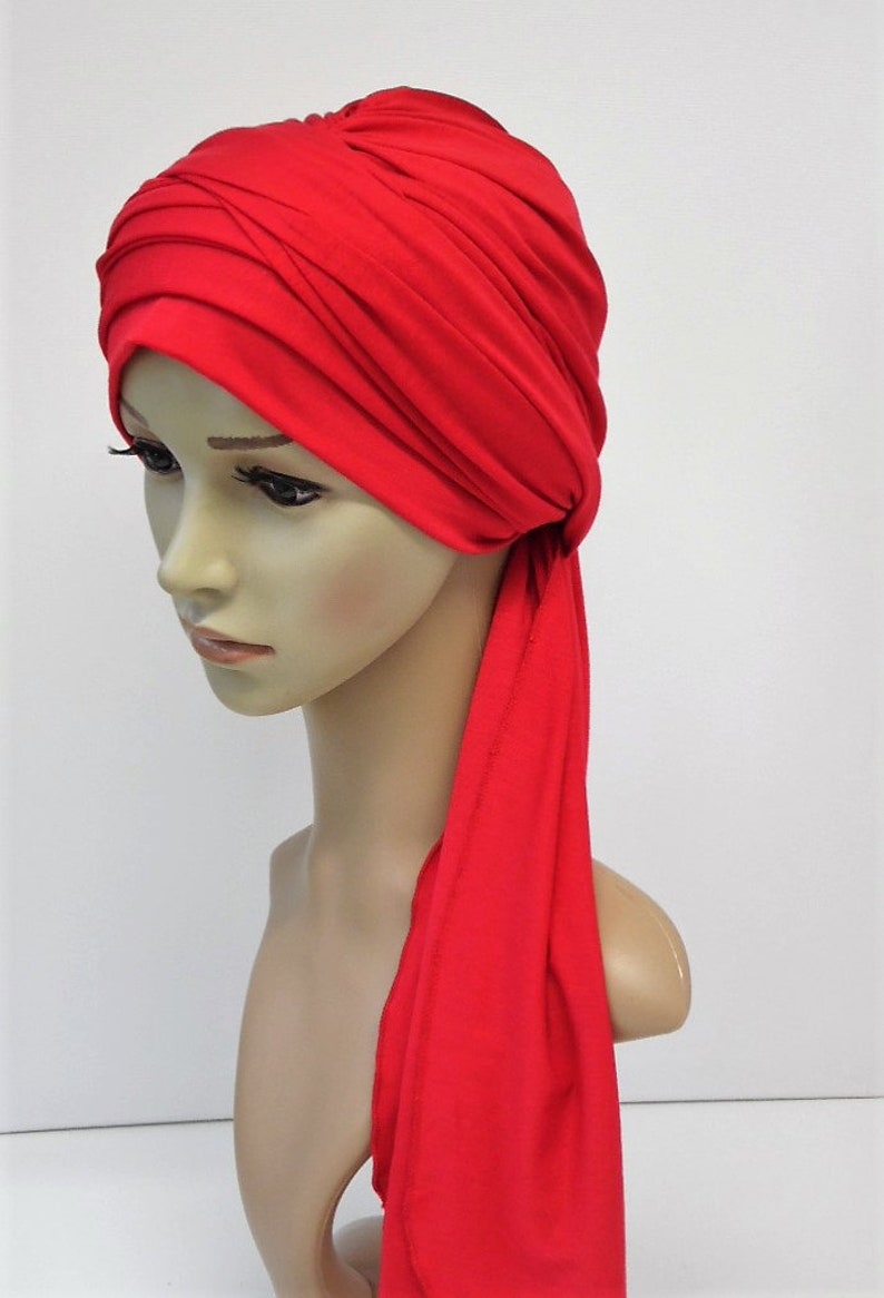 Red Head Wear Turban With Long Ties Elegant Tichel Viscose - Etsy