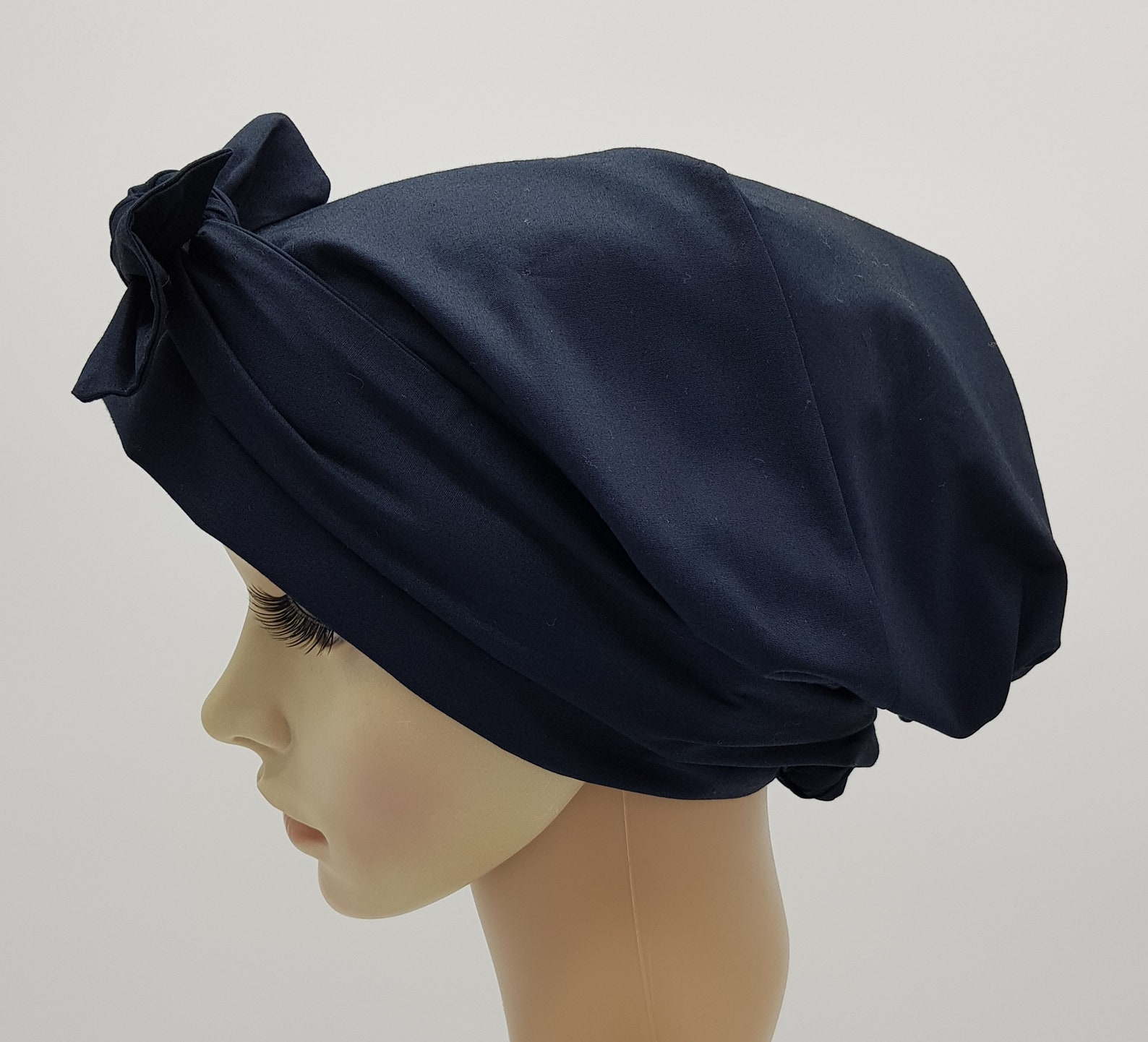 Navy Blue Head Wear for Women Cotton Bonnet With Long Ties - Etsy