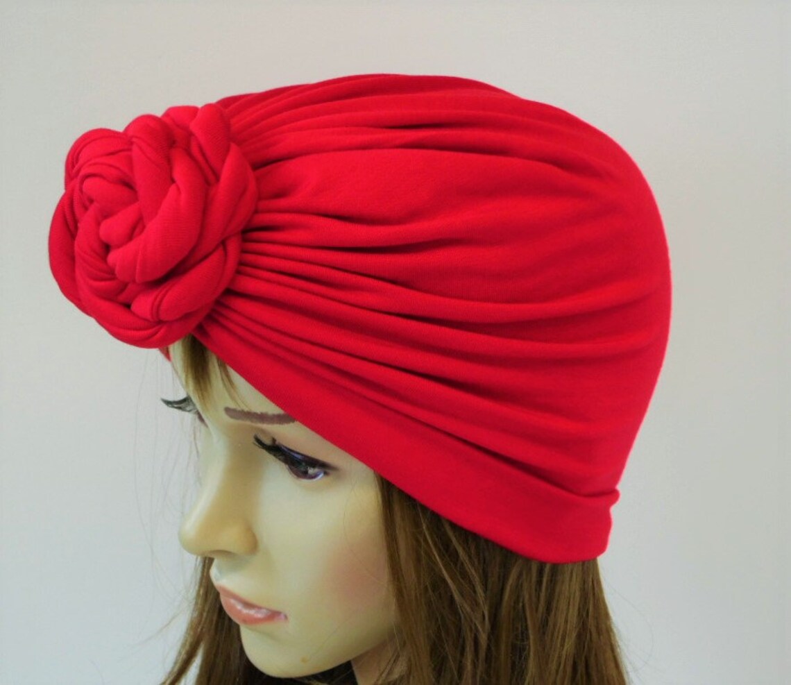 Red Knotted Turban Hat With Rosette, Women's Elegant Headwear, Viscose ...