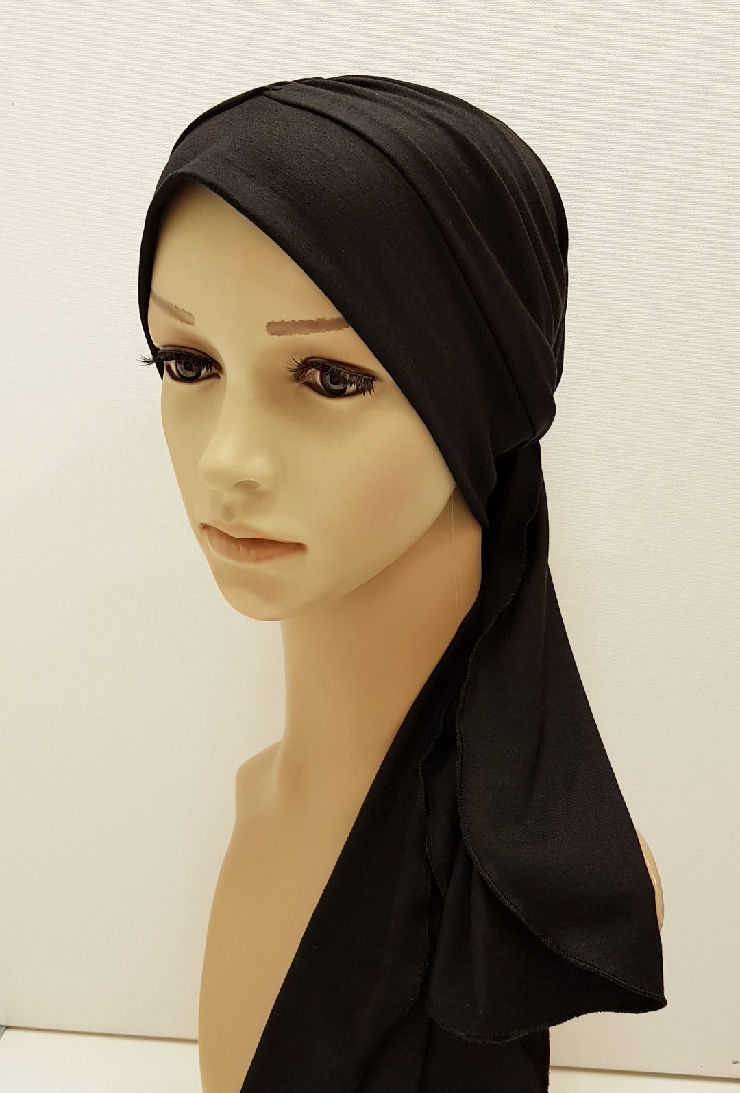 Black Turban, Full Head Cover With Ties, Turban Snood, Viscose Jersey ...