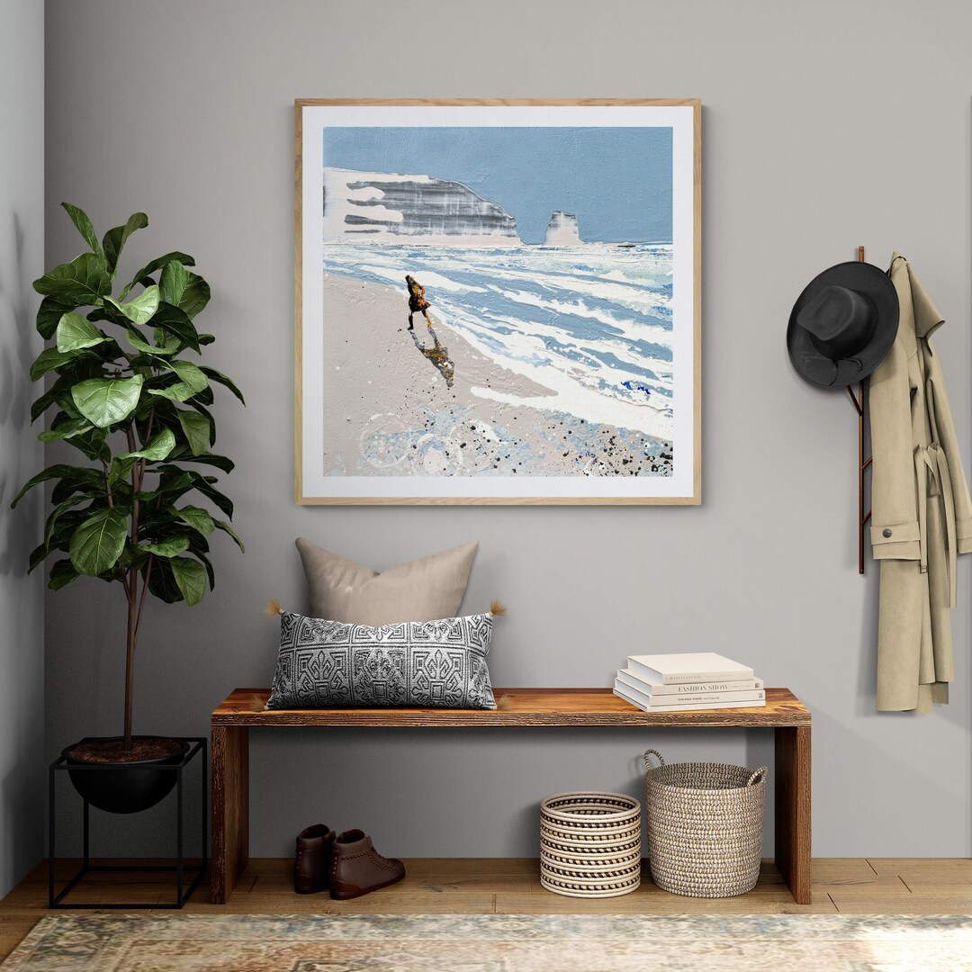 Beach Winter Sea Waves Blue Wall Art Print Woman Walk Coastal Seaside ...