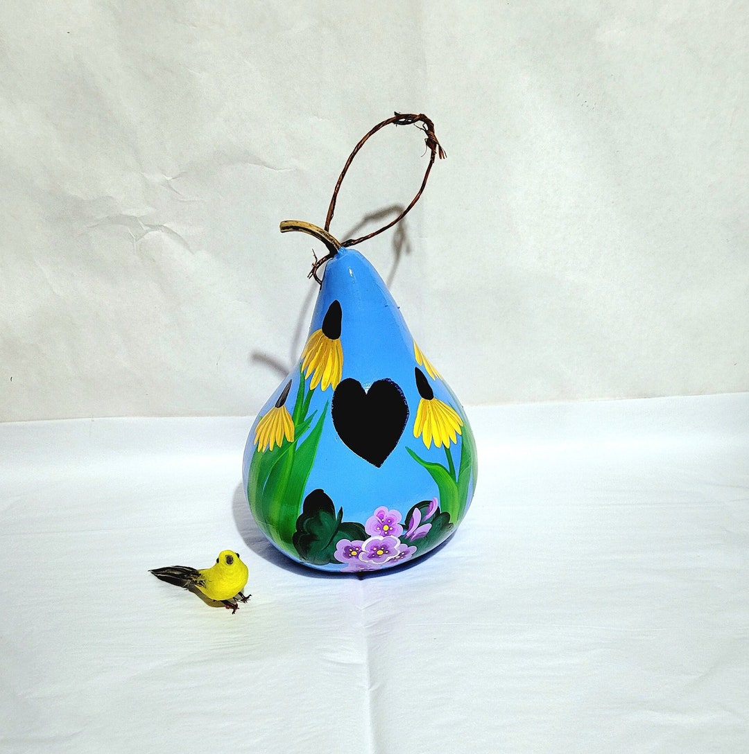 Yellow Daisy Gourd Birdhouse With Heart Shaped Entrance, Natural Gourd ...