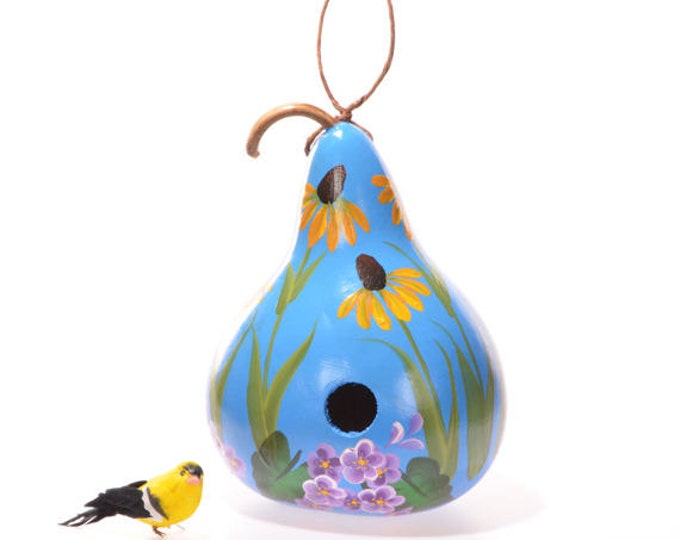 Painted Yellow Daisy Flowered Gourd Birdhouse, Natural Gourd Birdhouse ...