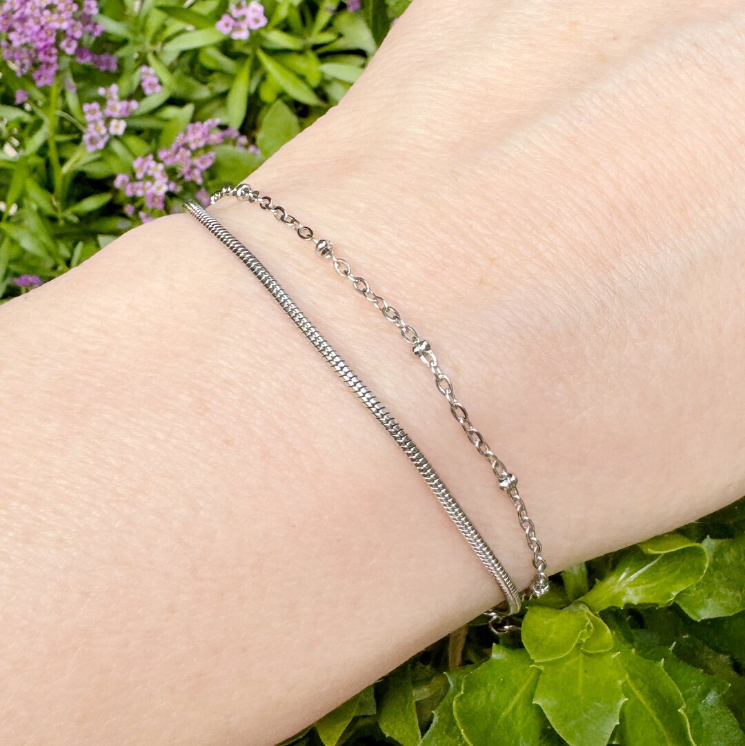 Snake and Satellite Double Chain Bracelet, Stainless Steel Stacking ...