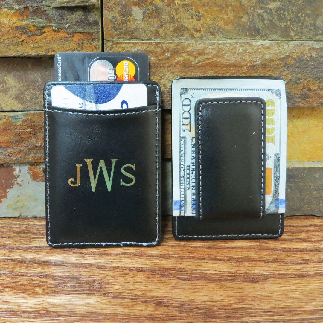 Brown Monogrammed Leather Wallet W/ Money Clip - Monogram Wallet ...