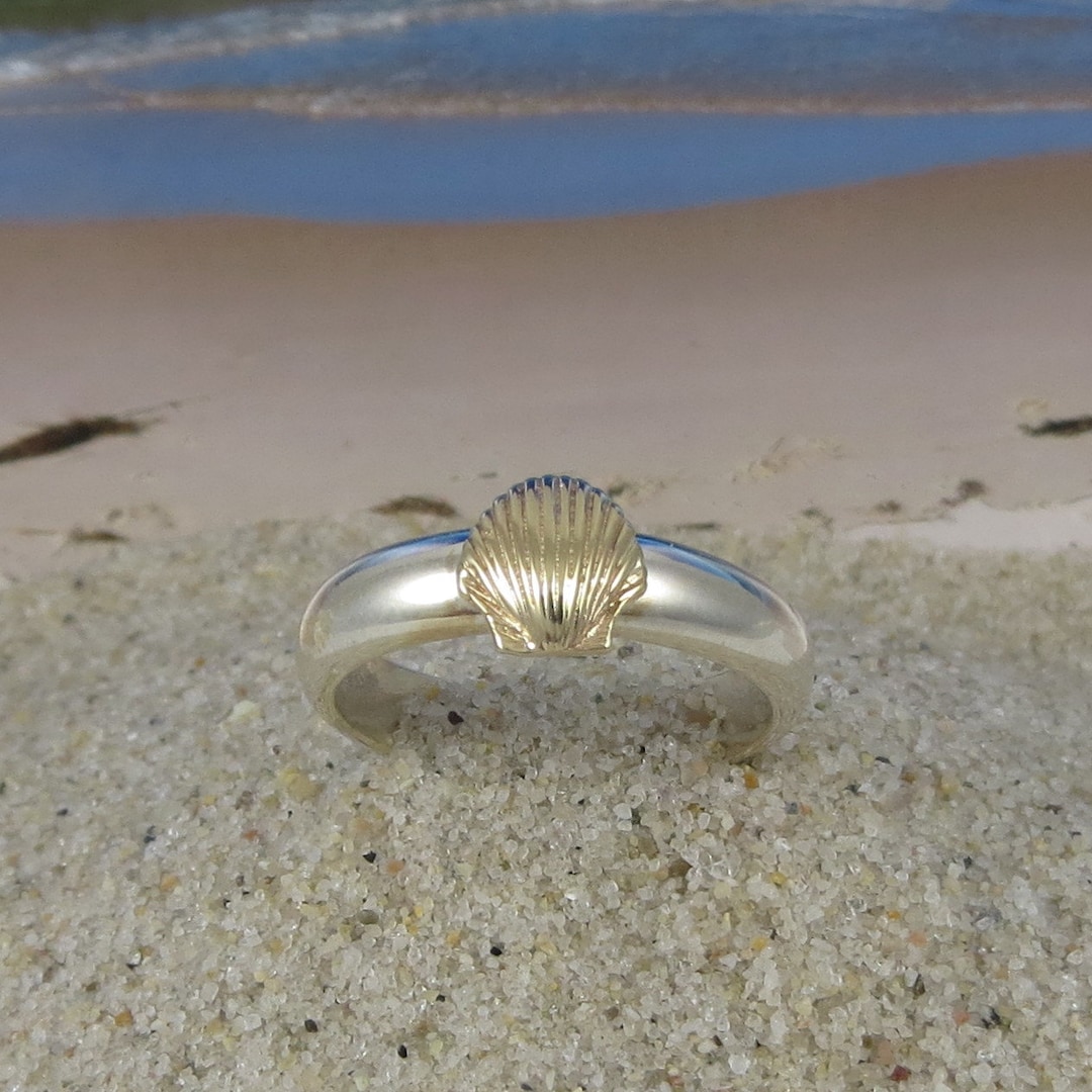 14k Gold and Sterling Silver Stacking Sea Shell Ring - Etsy