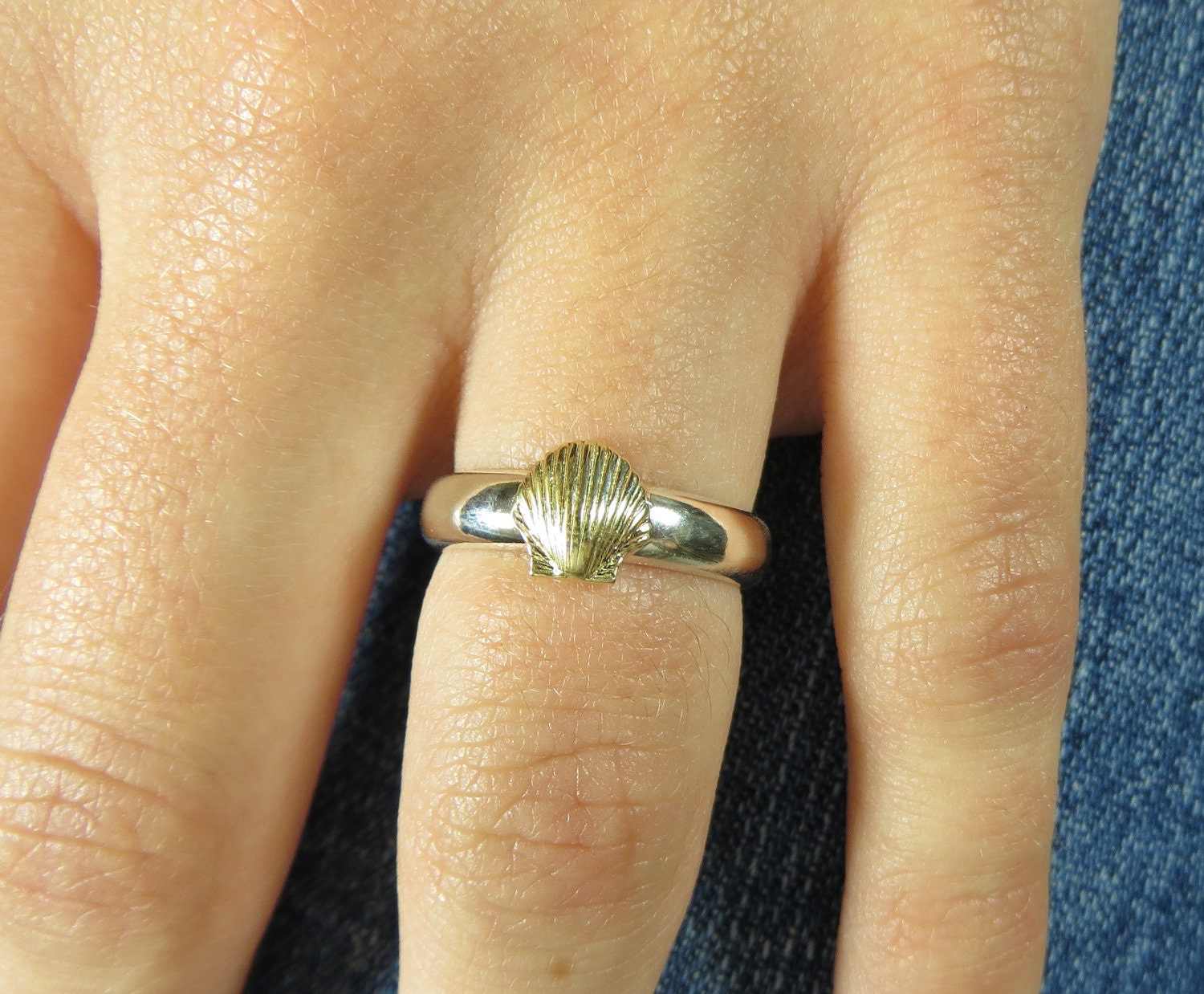 14k Gold and Sterling Silver Stacking Sea Shell Ring - Etsy