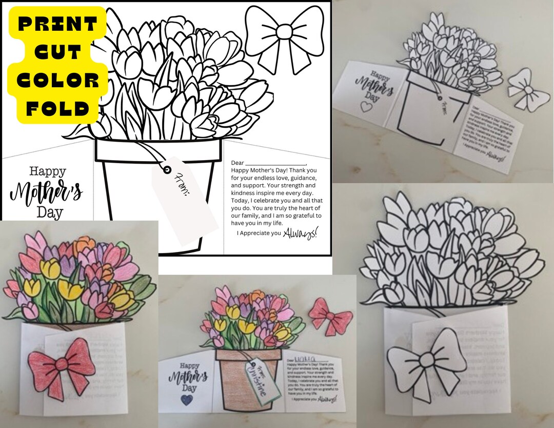 Mother's Day Tulip Bouquet Coloring Printable Digital Card 5 Different ...