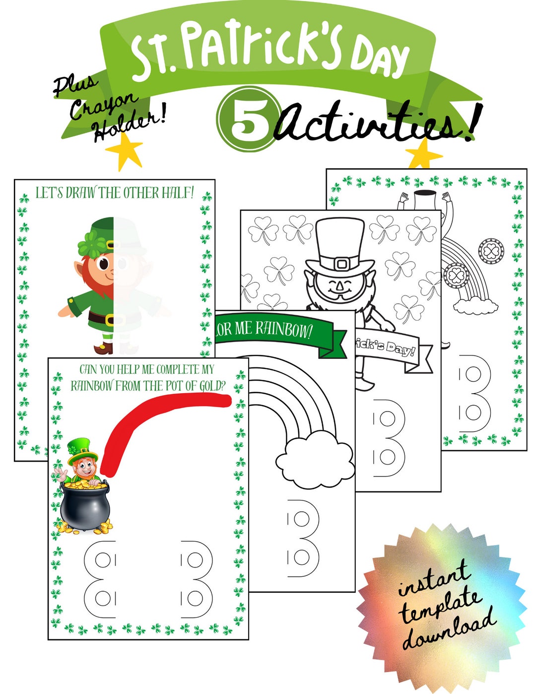 Crayon Holder Coloring St. Patrick's Day Card Template 5x7 Digital (5 ...
