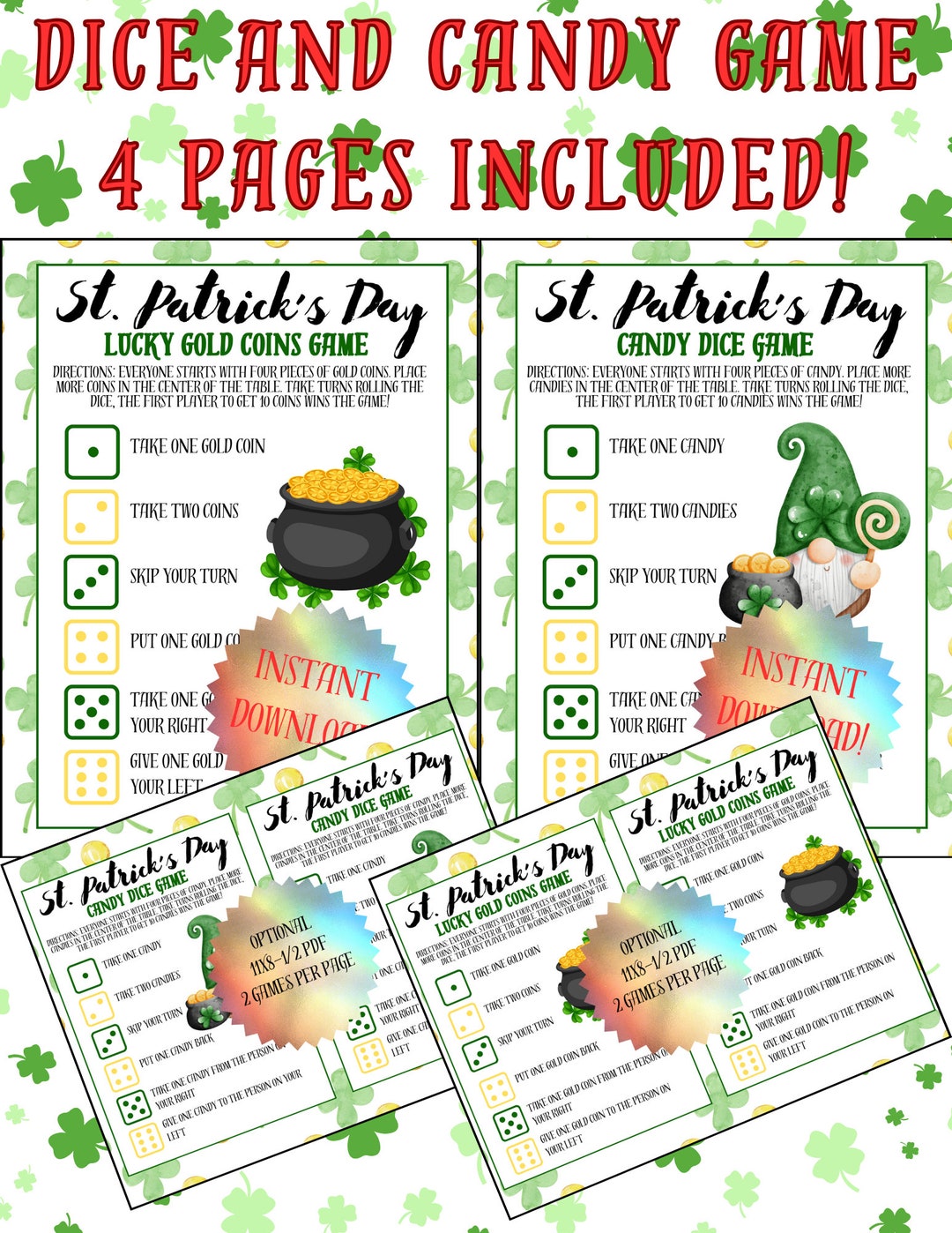 St. Patrick's Day Dice and Candy Game Template 8-1/2x11 Digital Print Out (2 Games 2 Printing ...