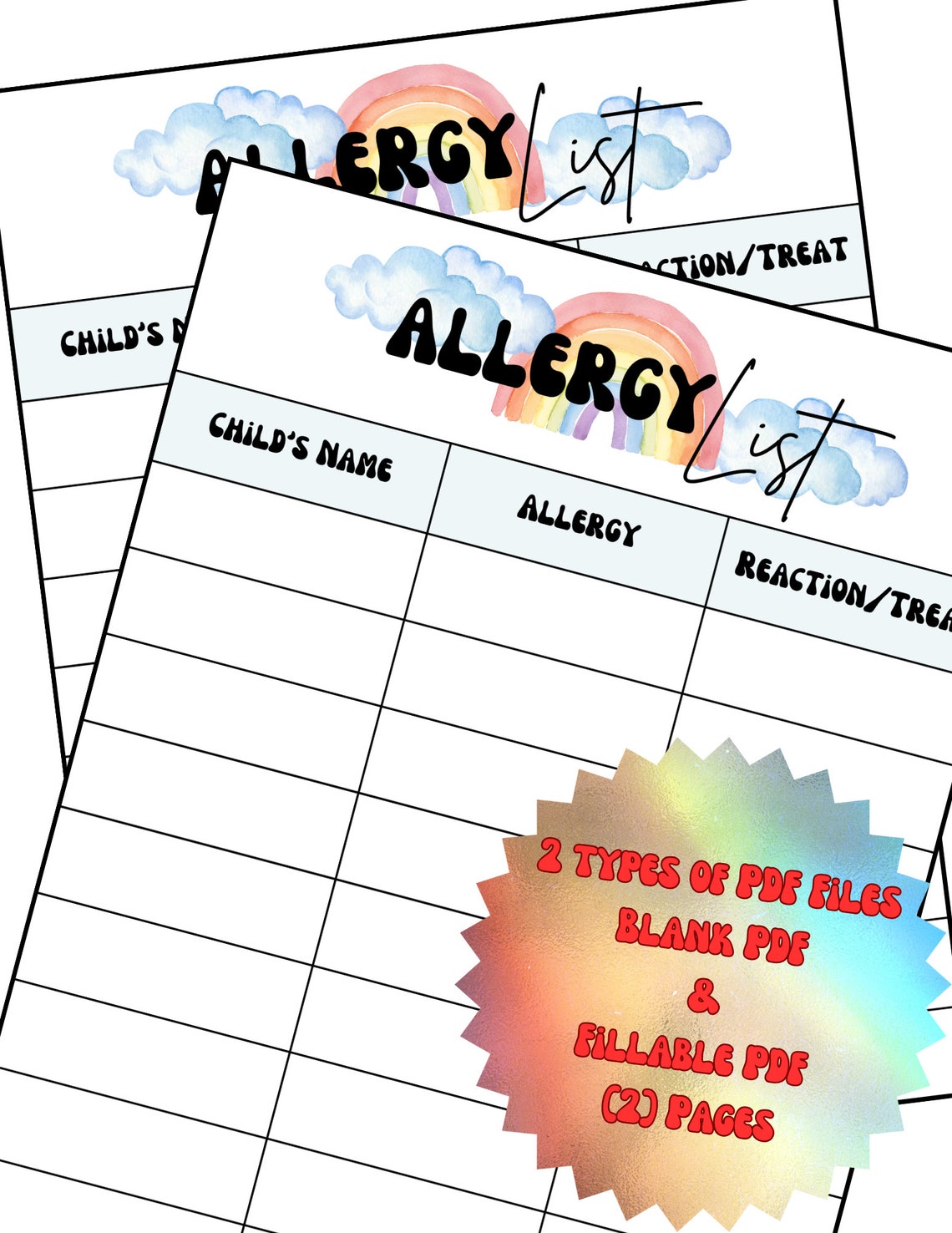 Allergy List Form Daycare Printable Office Sheet Daycare Printable Home ...