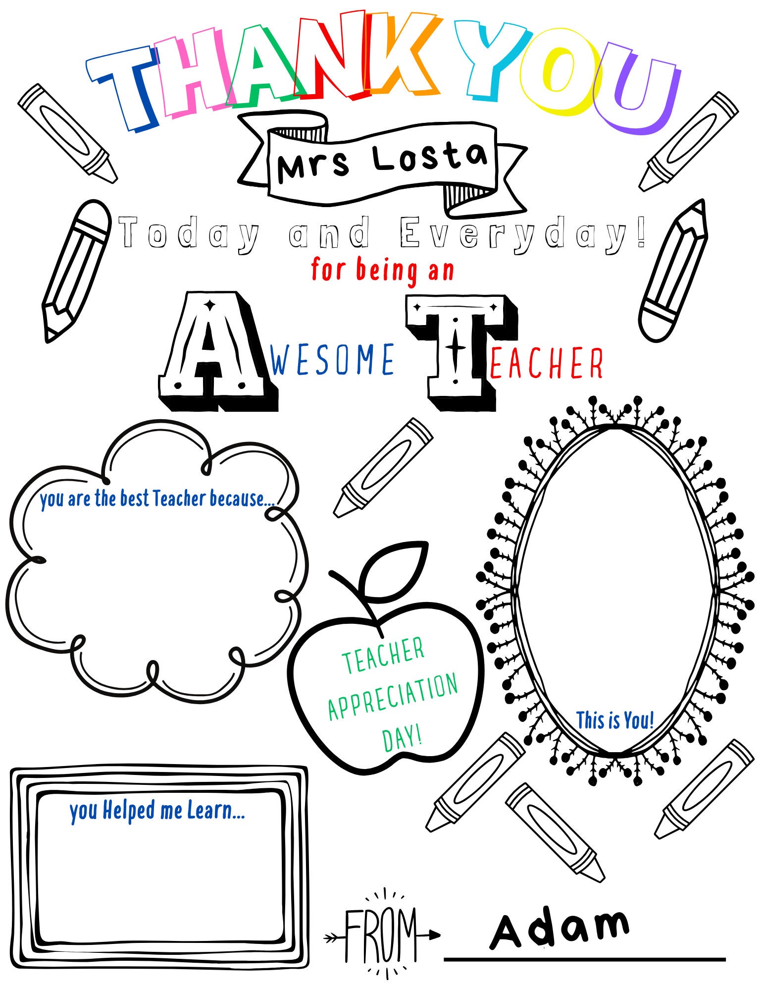 Teacher Appreciation Digital Printable Thank You Coloring Card Activity ...