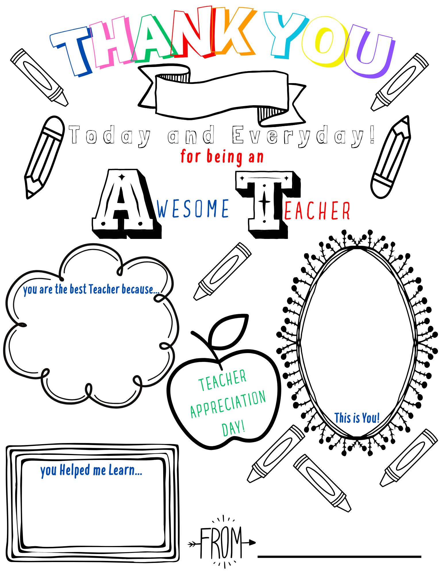 Teacher Appreciation Digital Printable Thank You Coloring Card Activity ...