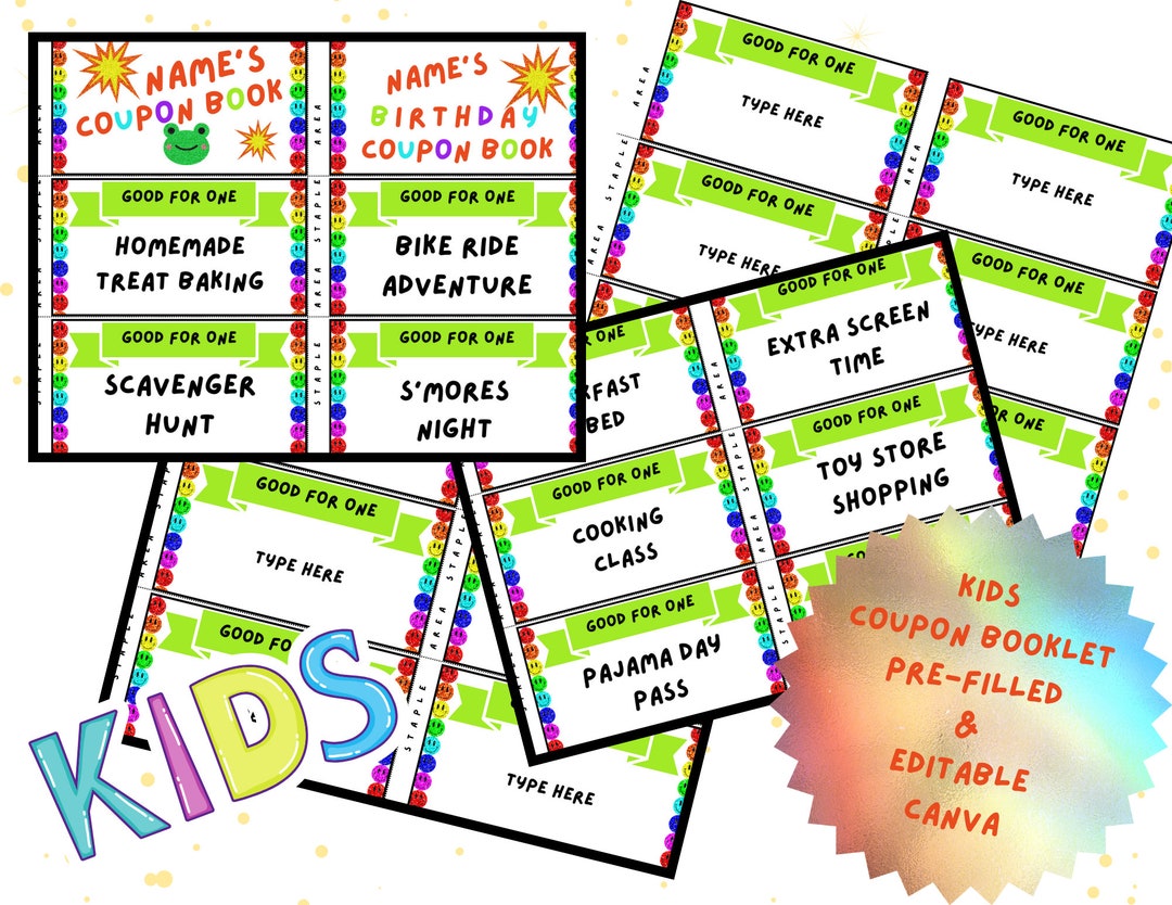 Kids Coupon Template Digital Print Out (22 Pre-filled, 18 Editable ...