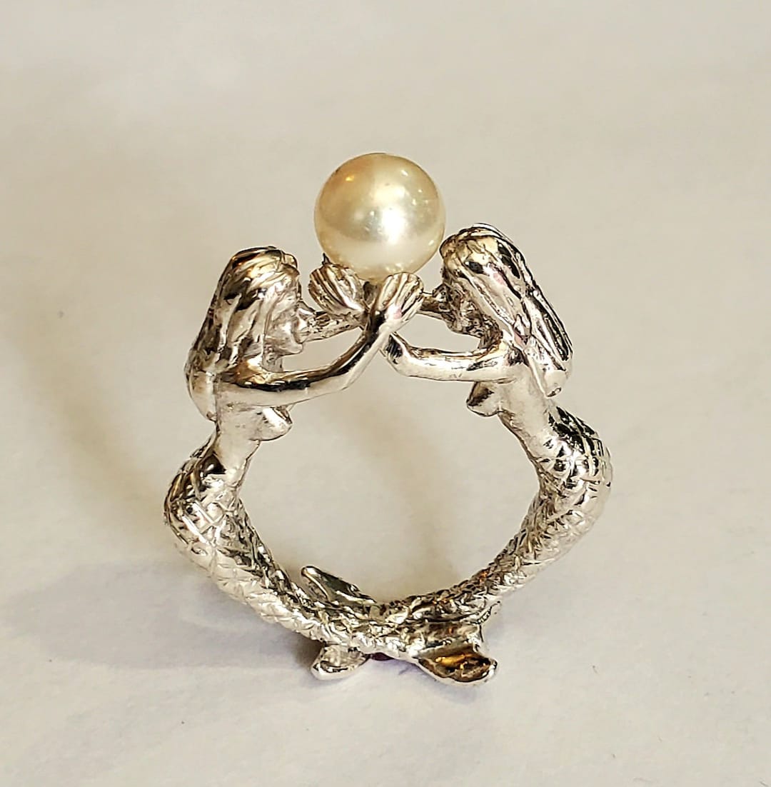 Sterling Silver Two Mermaid Ring With 7.5mm Pearl - Etsy