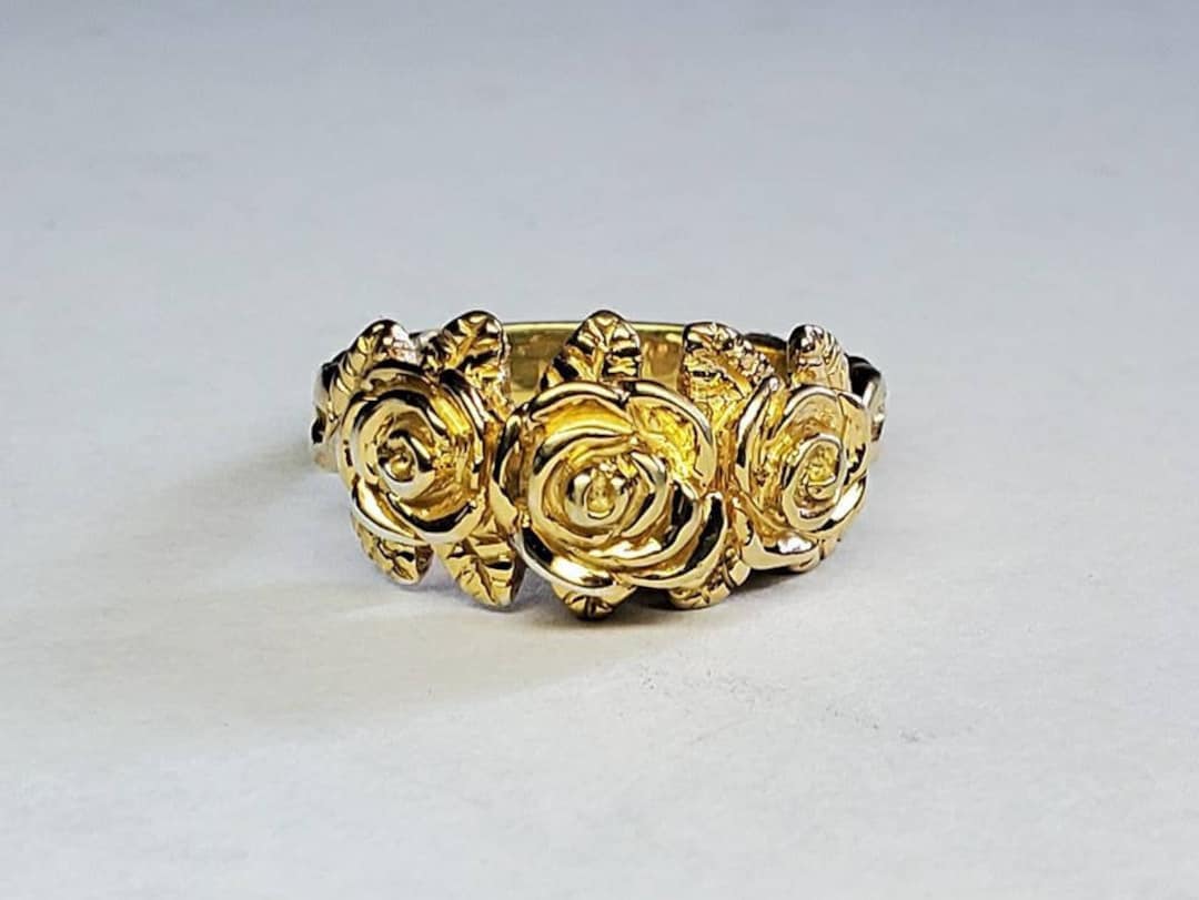 Three Roses Flower Leaf Ring in 14 Kt Yellow Gold - Etsy