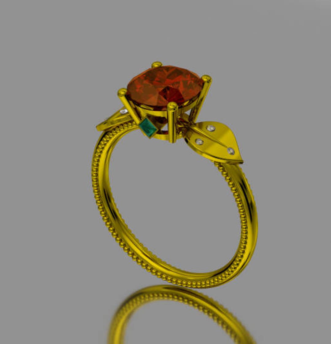 14KT Yellow Gold Leaf Ring Set With an 8mm Round Traditional Garnet ...