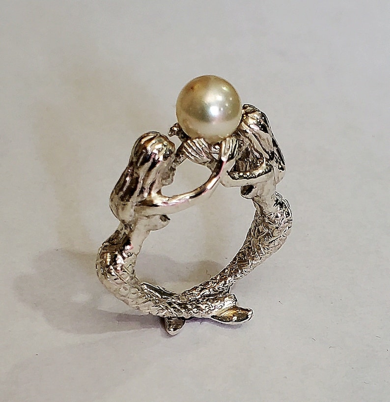 Sterling Silver Two Mermaid Ring With 7.5mm Pearl - Etsy