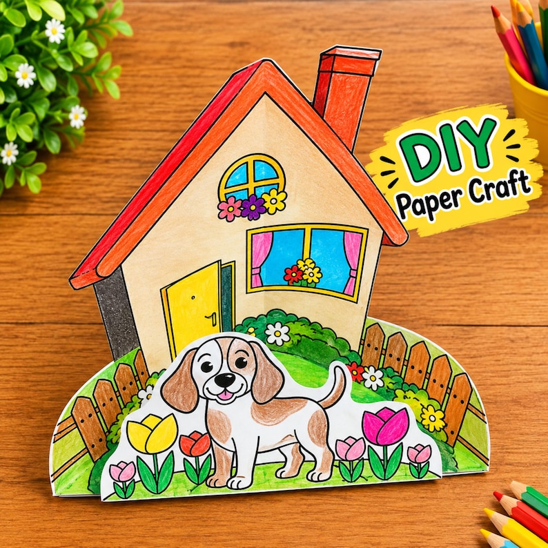 3D Paper House Craft for Kids: Dog Garden Coloring Activity (PDF ...
