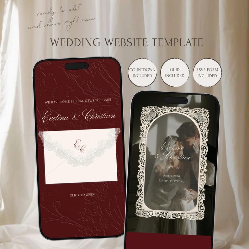 Old Money Burgundy Wedding Website Template | Vintage Lace & Luxury ...