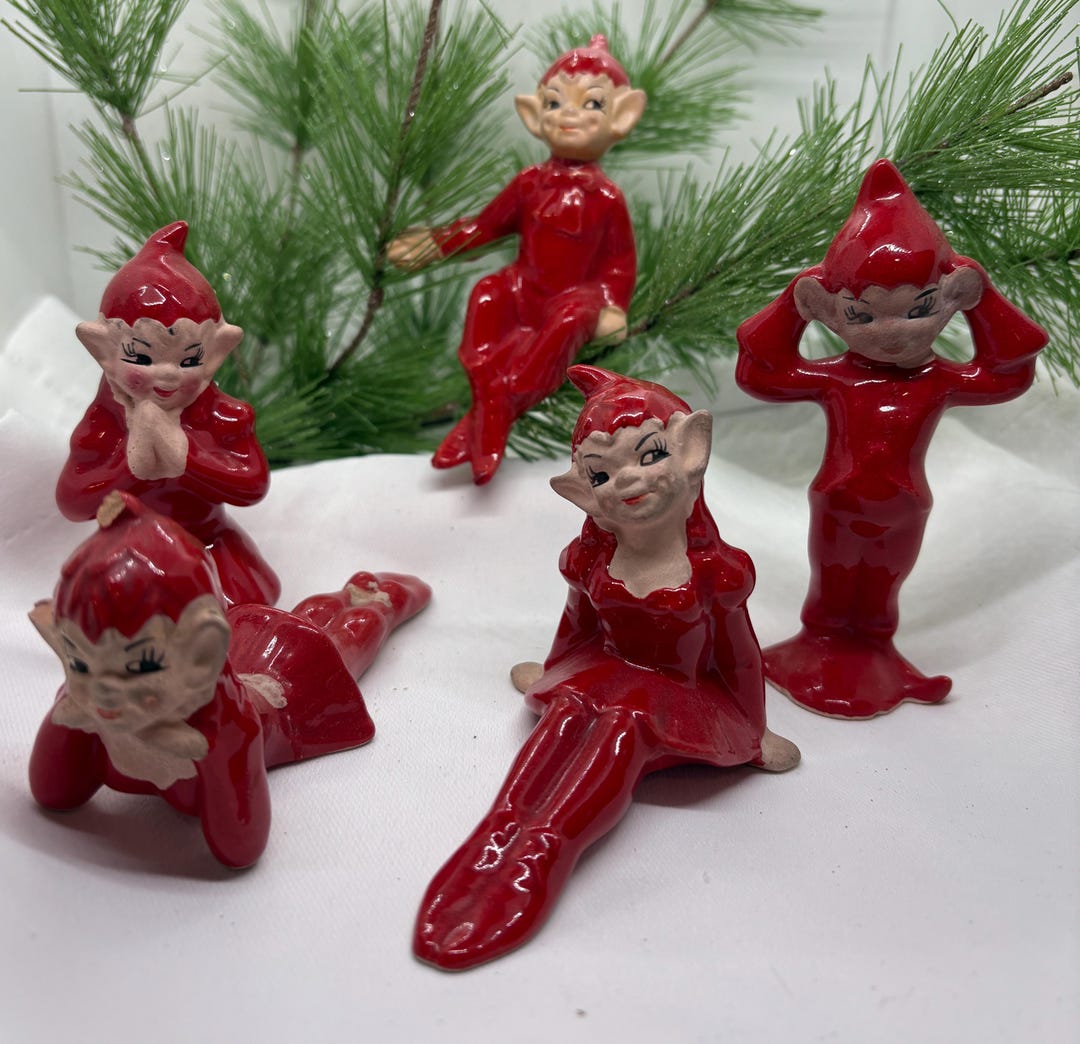 GILNER Pixie Elves Five Red Figures | Vintage 50’s Imperfections From ...