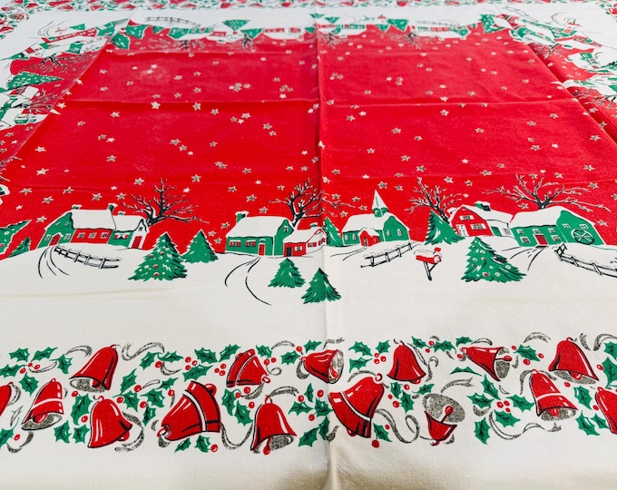 Vintage Colorful CHRISTMAS Scene Tablecloth: 62x52 Bark Cloth - Etsy