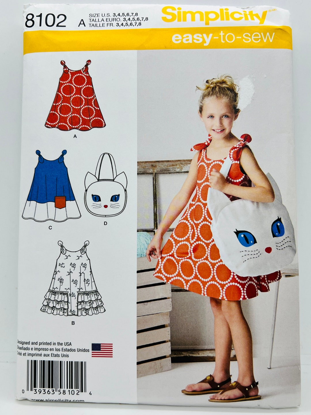 Simplicity 8102 EASY to SEW Sundress & Kitty Tote Bag Child Sizes 3 4 5 ...