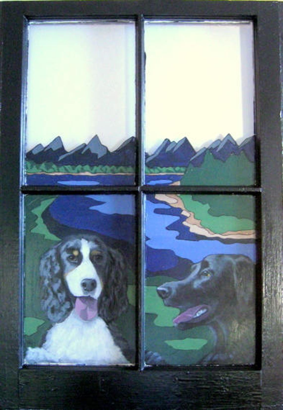 Painted Dog Window, Spaniel, Black Lab, Mountain Stream, Landscape ...