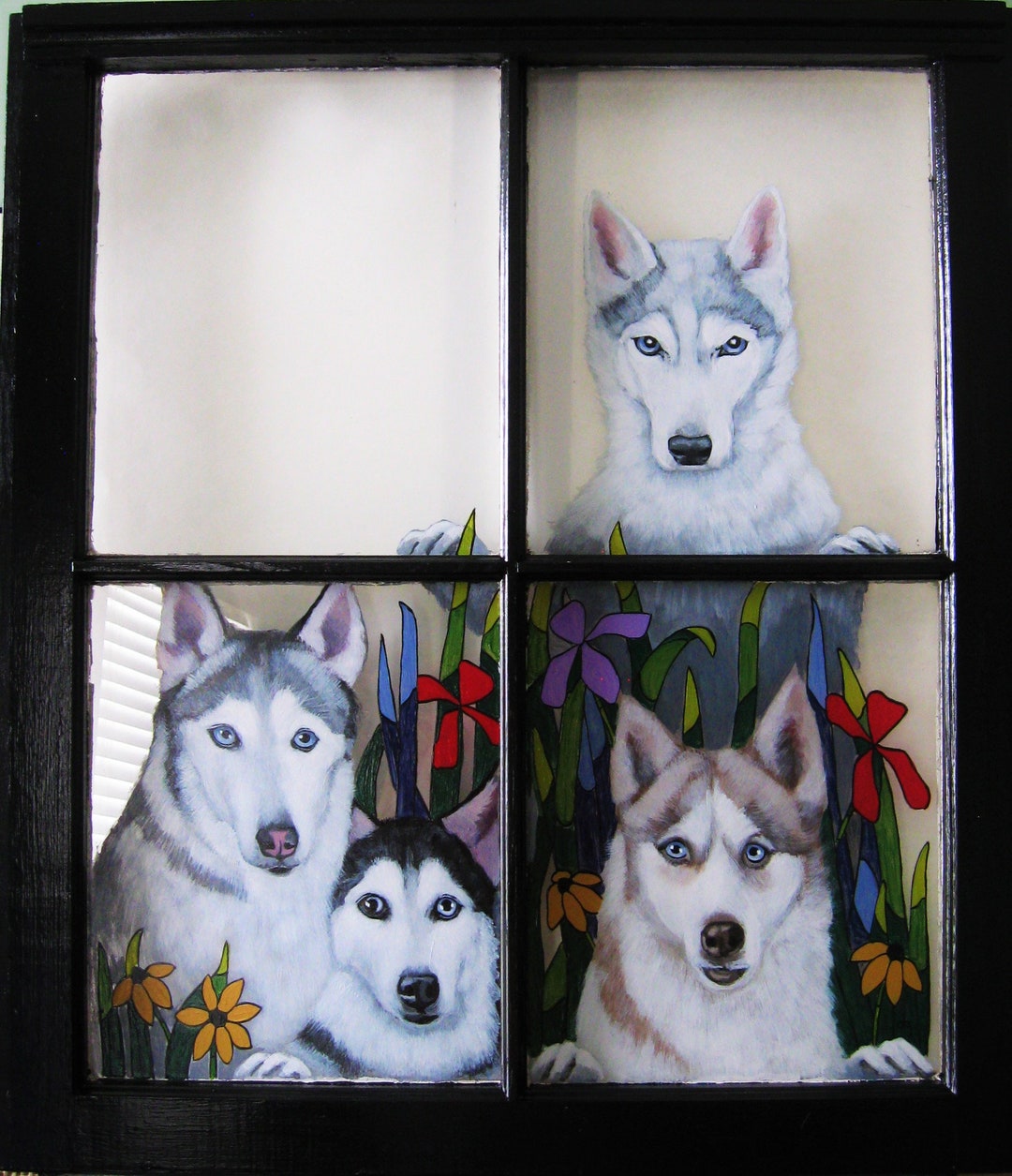 Custom Dog Portrait Window, Siberian Huskies, Dog Painting, Vintage ...