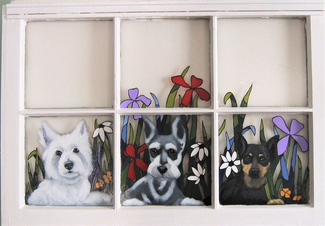 Custom Pet Portrait Window, Three Dogs in a Window, West Highland ...