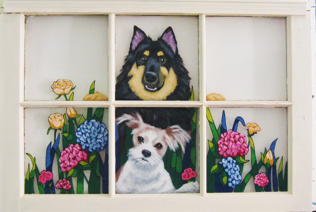 Dog Portrait Window, Spring Flowers, Custom Pet Portrait, Hydrangea ...