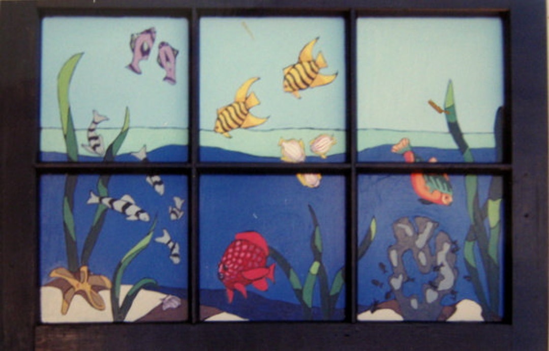 Tropical Fish Tank Art, Painted Fish, Recycled Window, Aquarium Fish ...