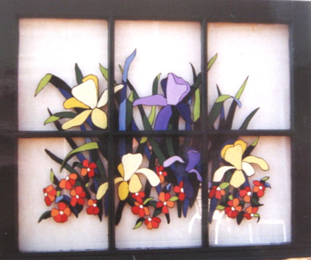 Spring Flowers, Painted Window With Iris, Recycled Wood, Decorative Art ...
