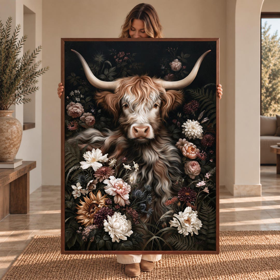 Highland Cow Wall Art Print, Floral Decor for Home, Rustic Canvas Print ...