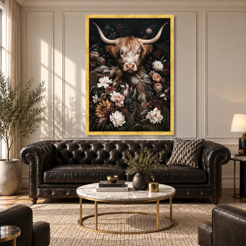 Highland Cow Wall Art Print, Floral Decor for Home, Rustic Canvas Print ...