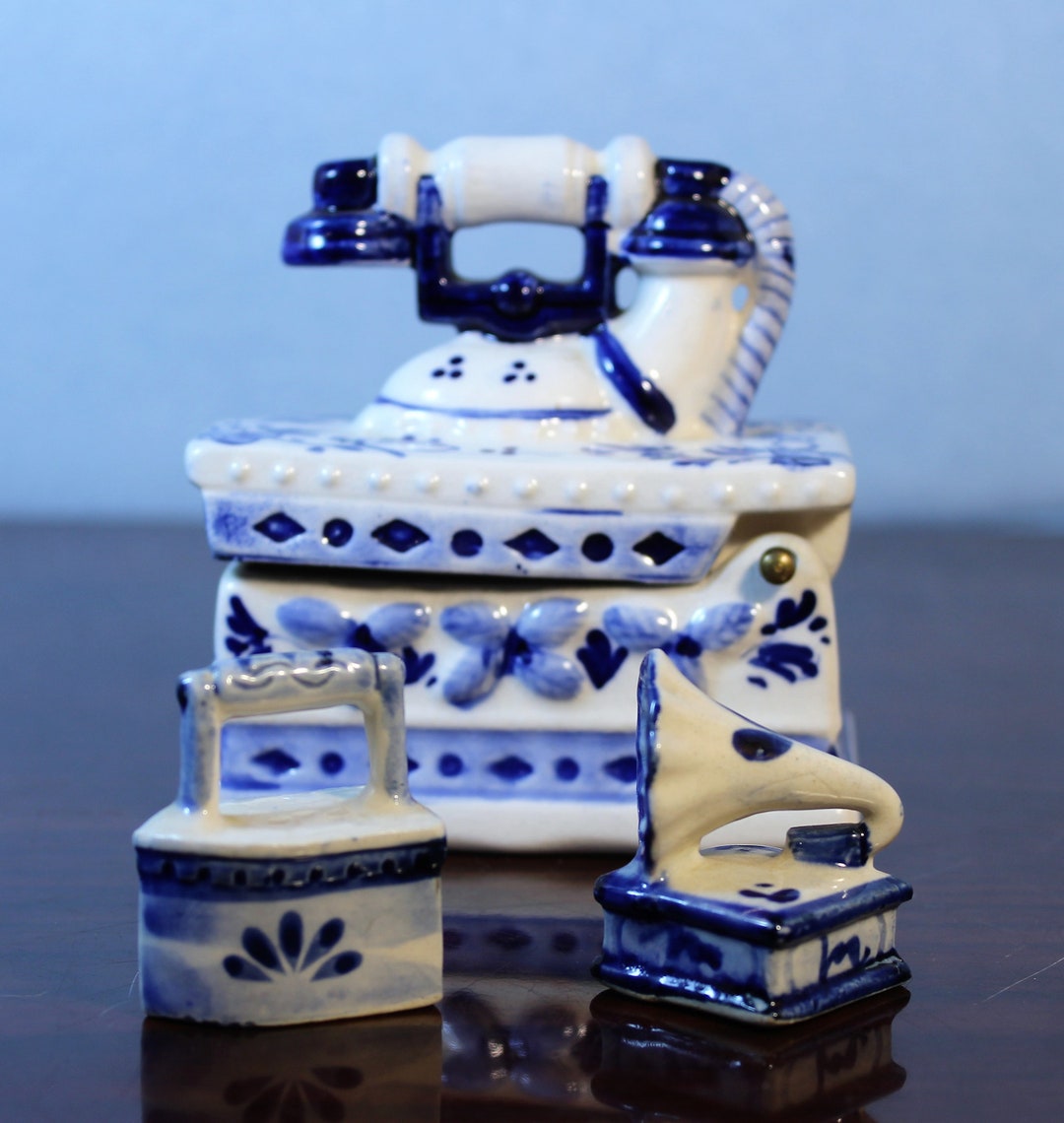 Miniature Delft Blue Hand-painted Telephone, Phonograph & Iron Set - Etsy