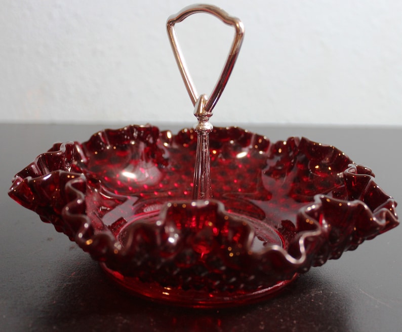 Fenton Dark Red Ruffled Candy Dish With Metal Handle - Etsy