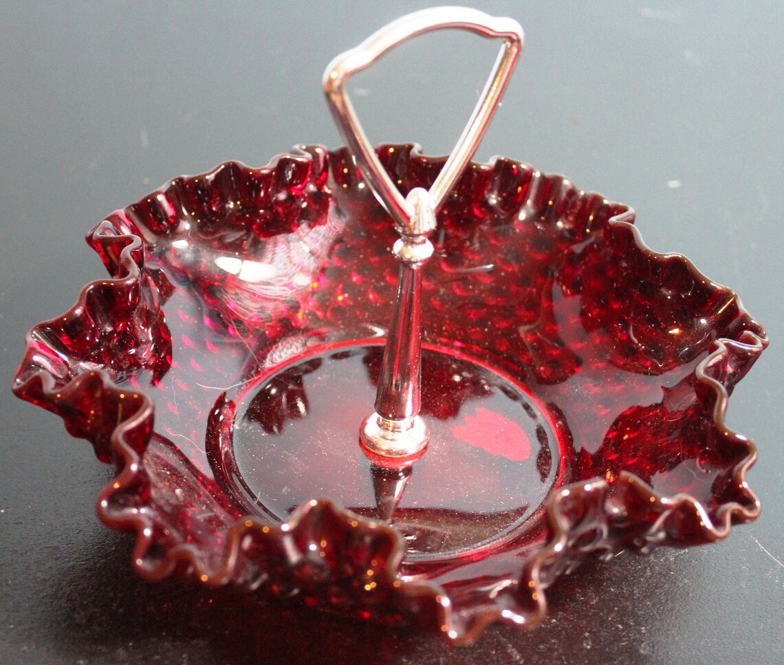 Fenton Dark Red Ruffled Candy Dish with Metal Handle | Etsy