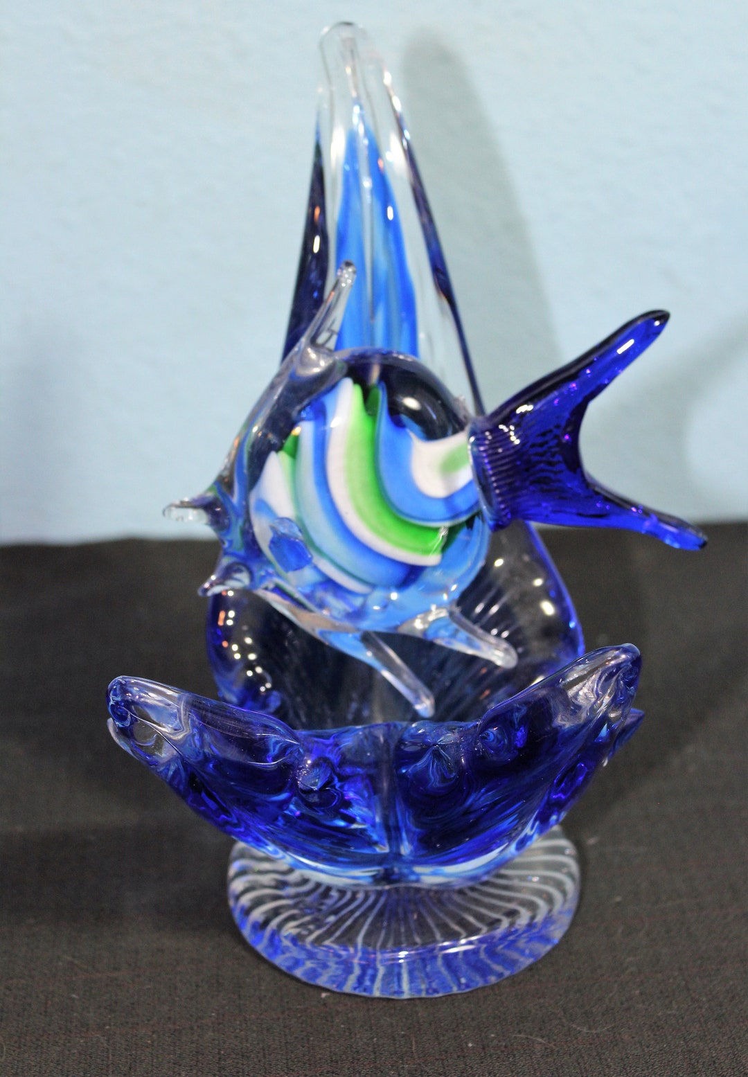 Murano Pedestal Angel Fish in Waves Glass Art, Glass Blue Fish Statue ...
