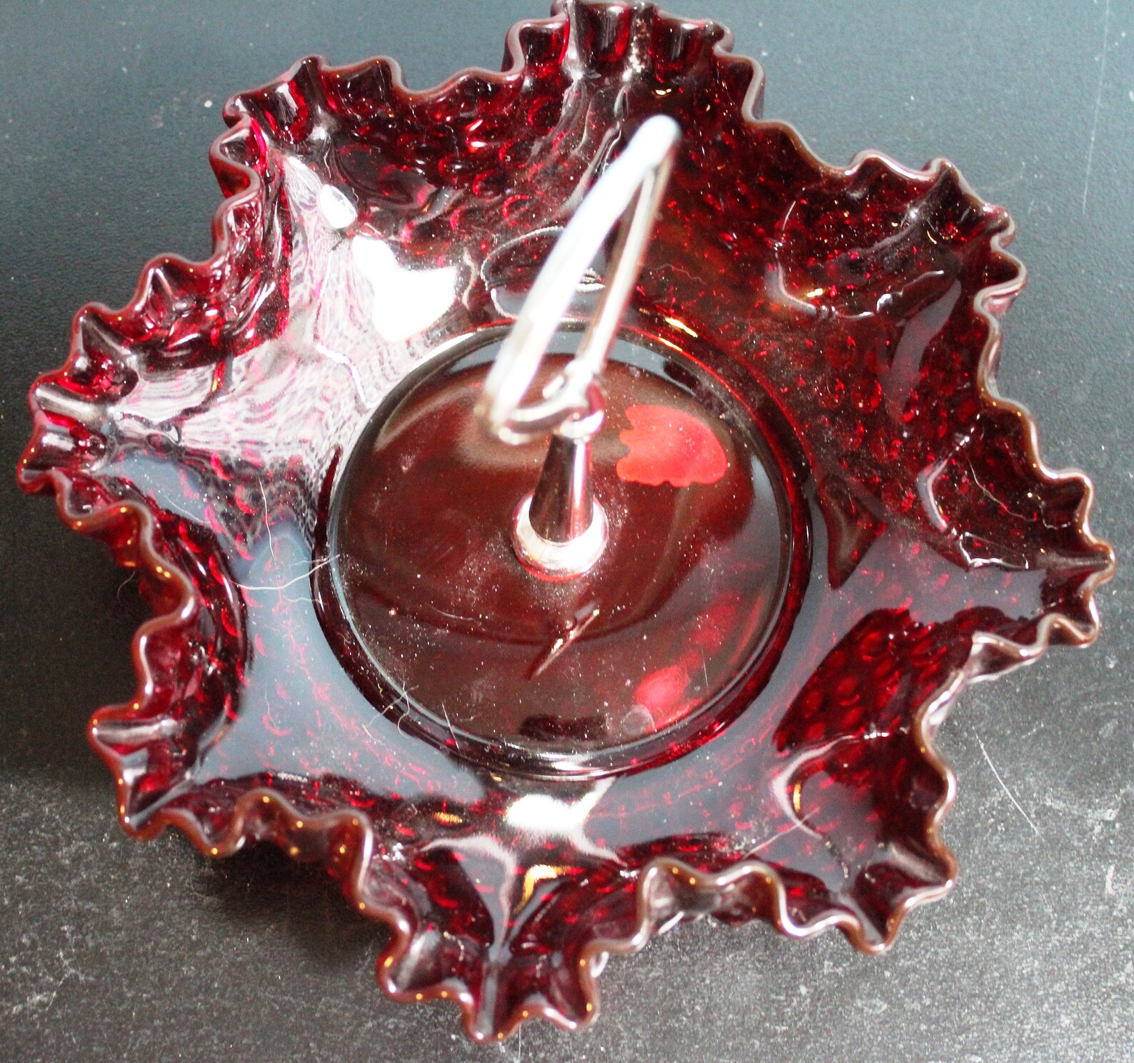 Fenton Dark Red Ruffled Candy Dish with Metal Handle | Etsy